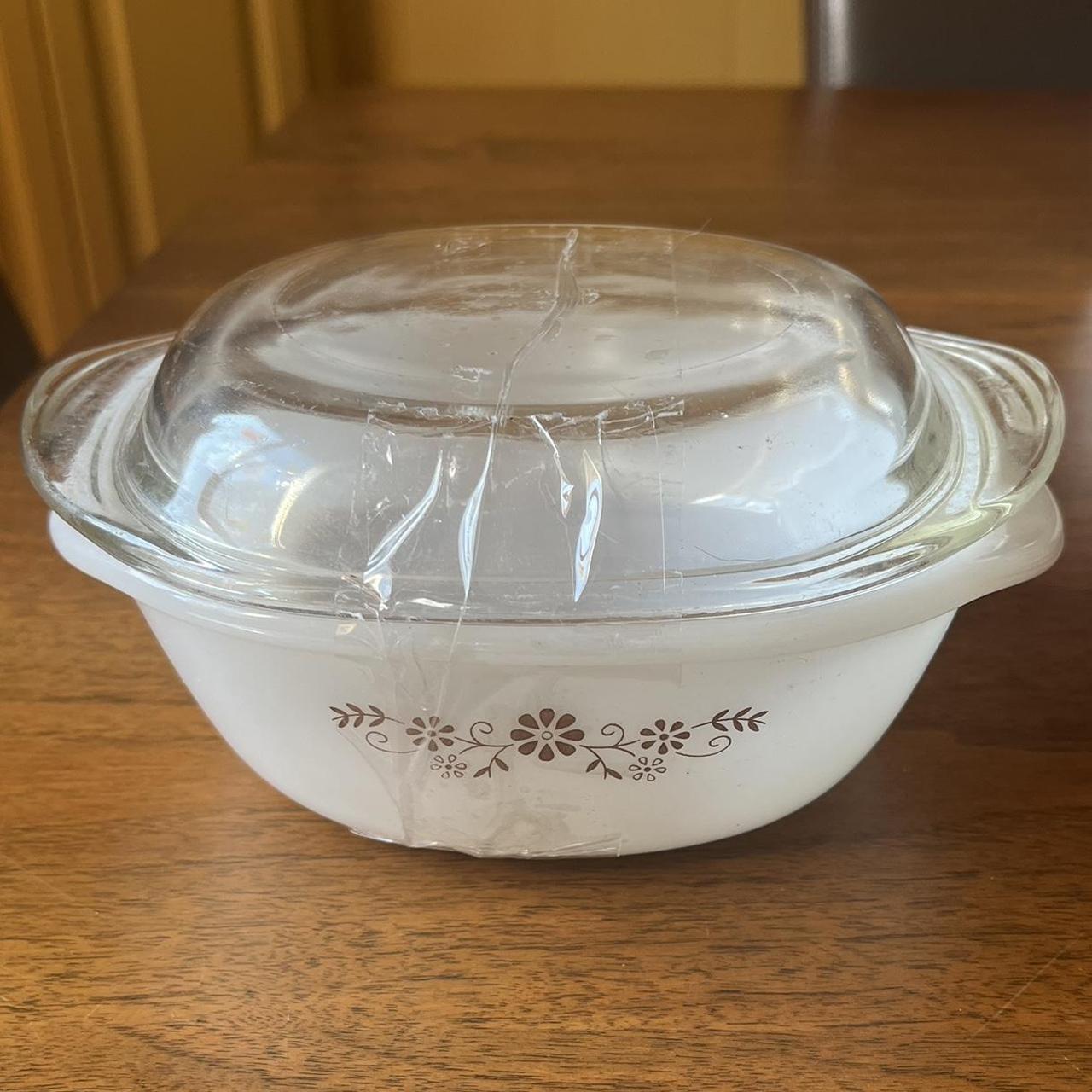 vintage pyrex dish with the lid and brown floral... - Depop