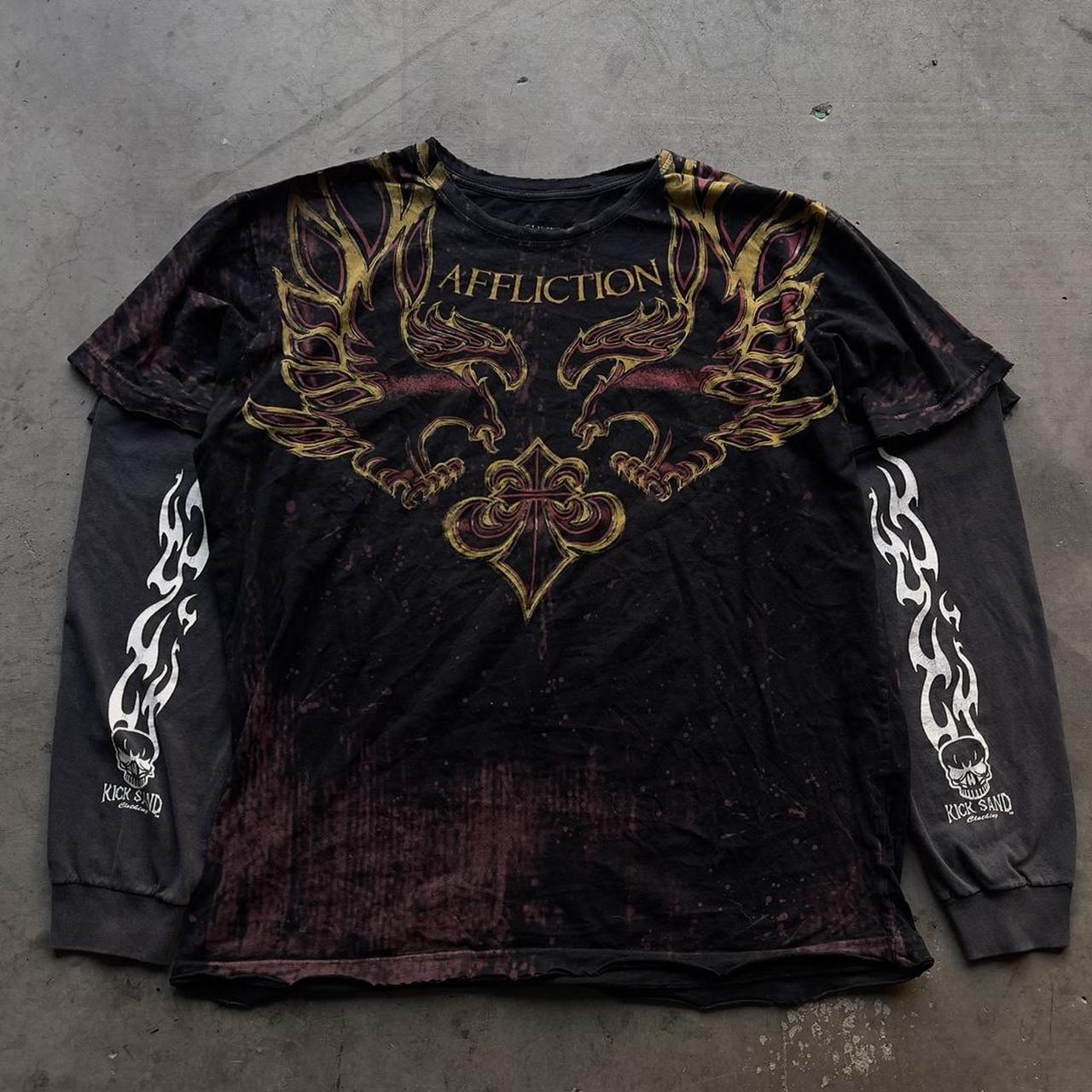 Affliction t-shirt with sick all over print graphic... - Depop
