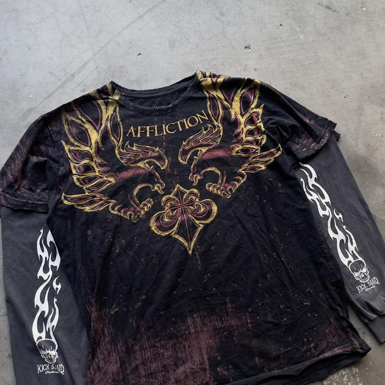Affliction t-shirt with sick all over print graphic... - Depop