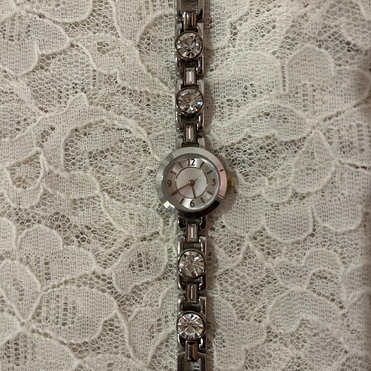 dainty silver tone watch with crystal and gold... - Depop