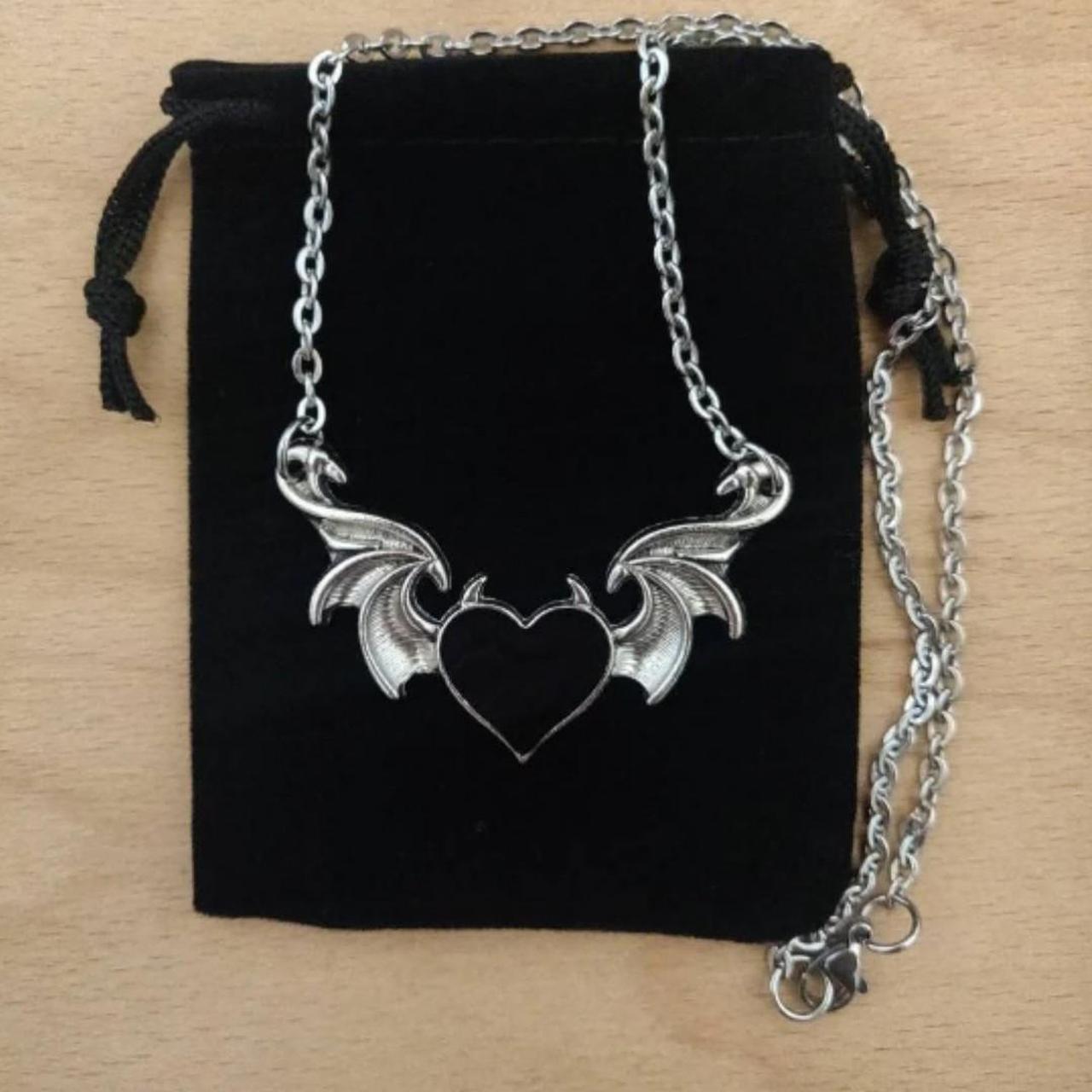 Gothic Black Heart Necklace Bat Wings & Devil Horns... - Depop
