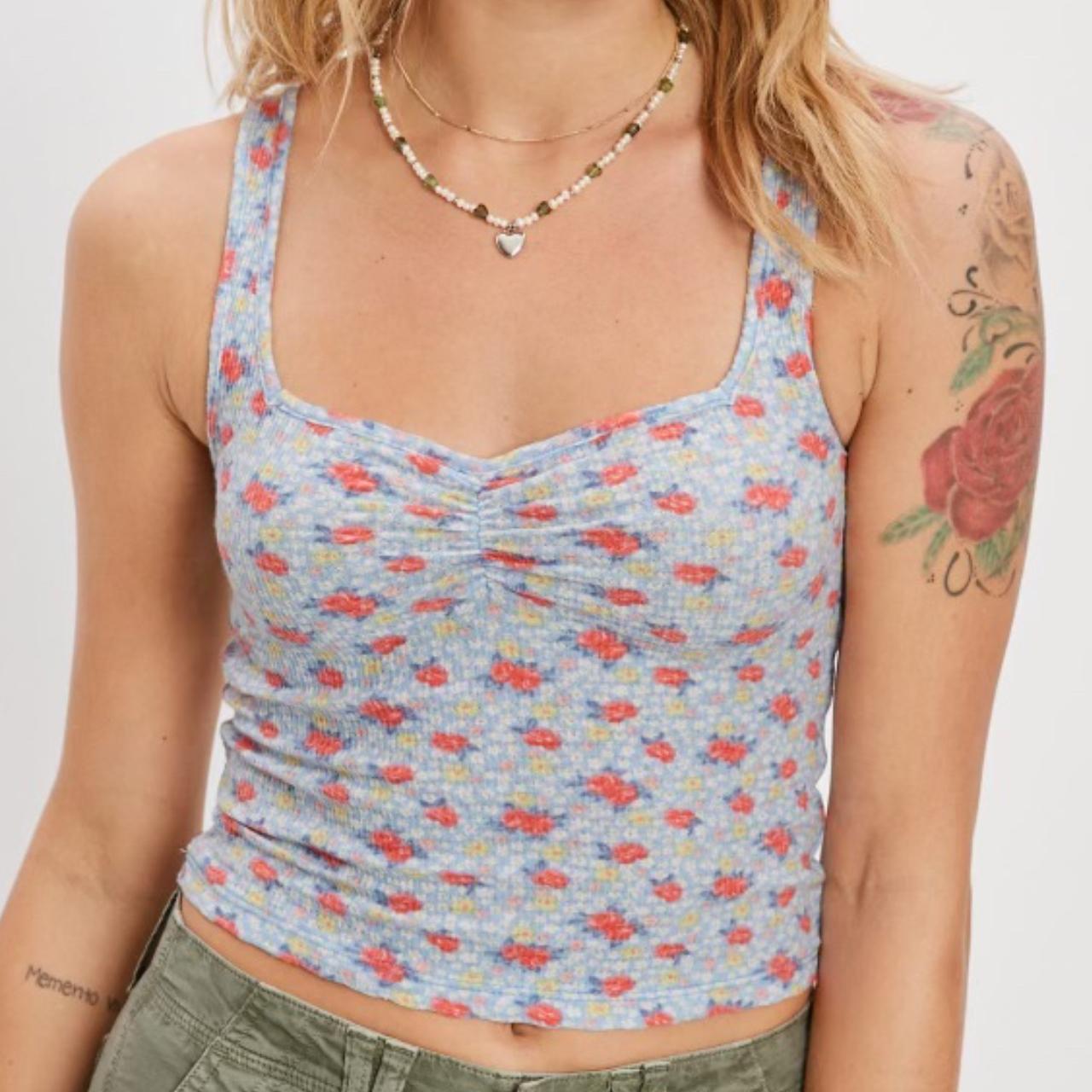 blue and pink floral American eagle top, soft and... - Depop