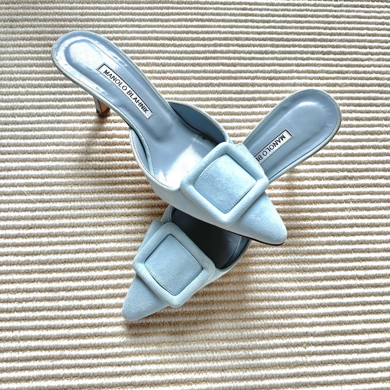 Baby Blue Manolo Blahnik Maysale Buckle Mule Kitten... - Depop