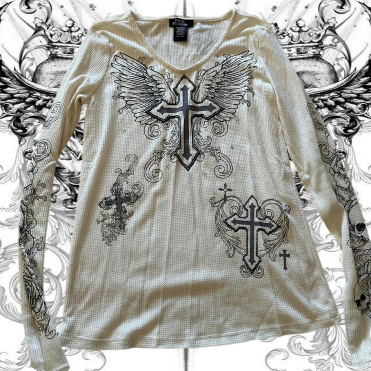 2000s emo affliction style women's long sleeve angel... - Depop