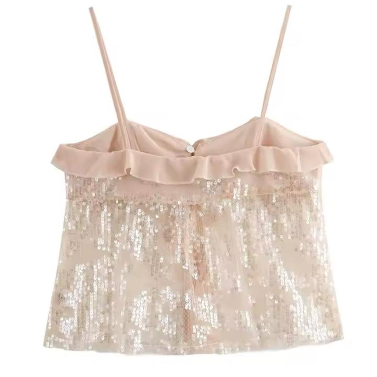 Pink sequin camisole with ruffle trim, cute bow and... | Depop