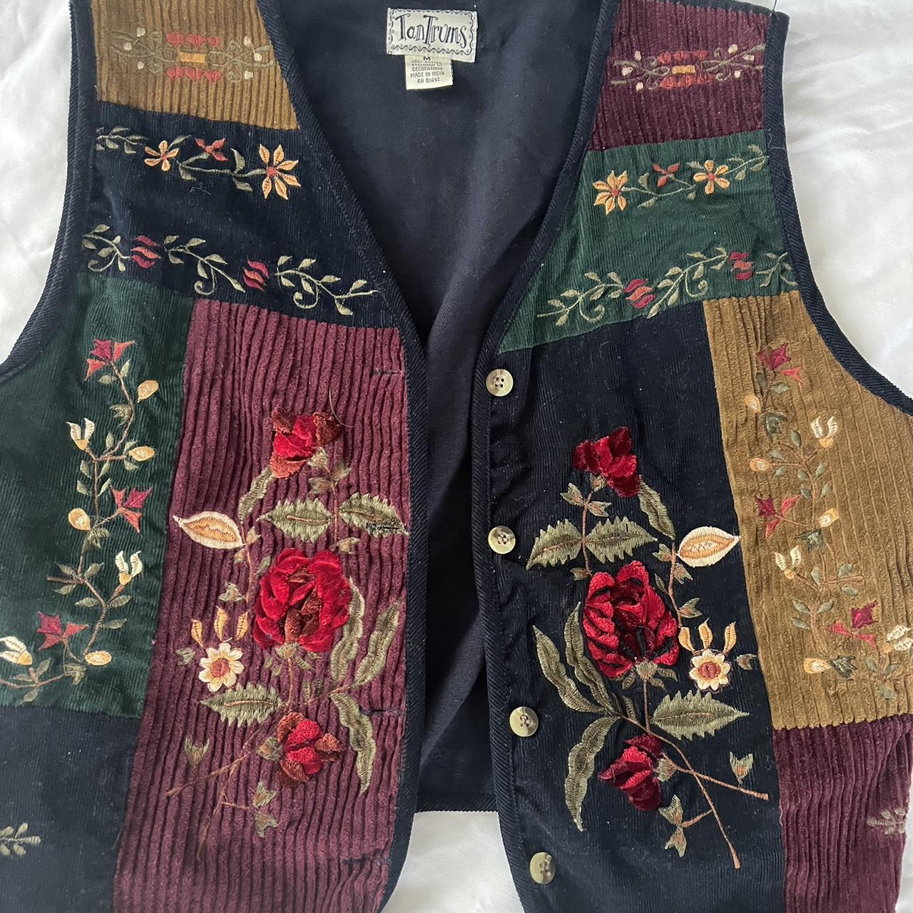 Corduroy vintage grandma vest with floral patterns... - Depop