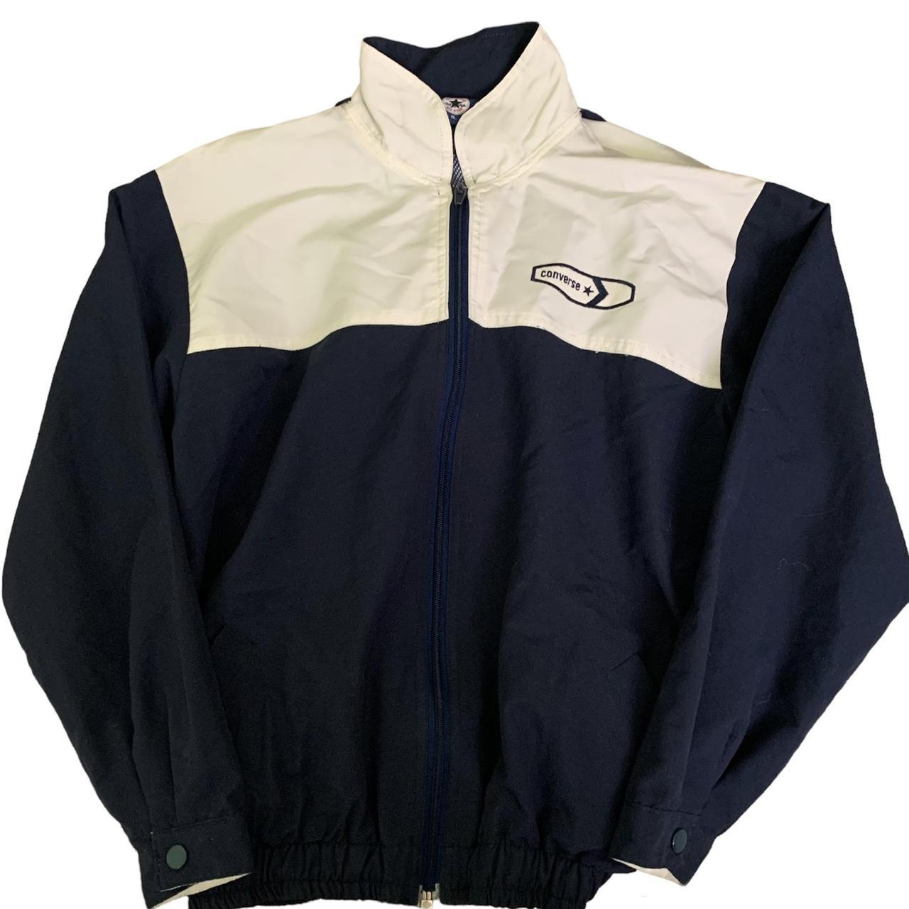 navy blue and white converse windbreaker zip up... - Depop