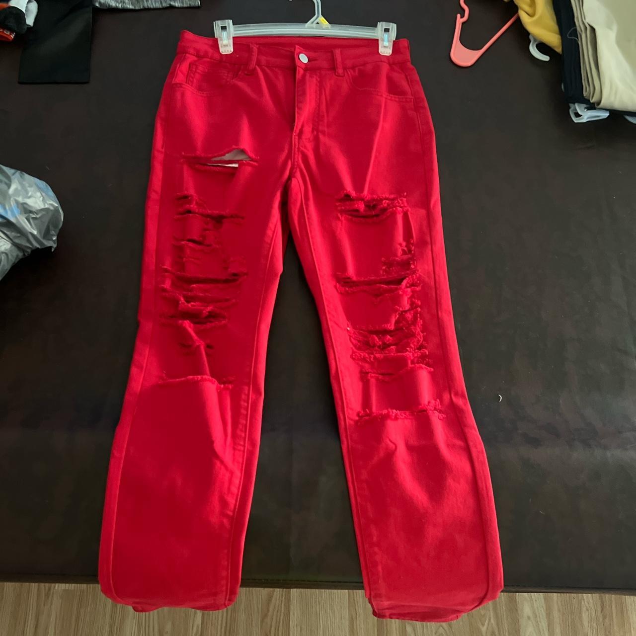 Red ripped jeans, Mens Small - Depop
