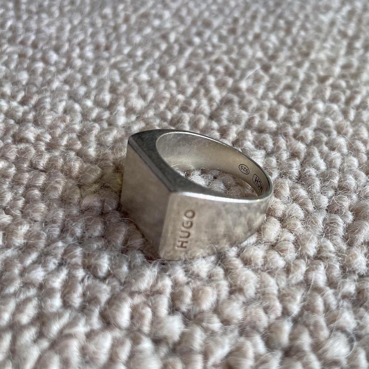 HUGO Silver Engraved Ring Signet ring in brushed... - Depop
