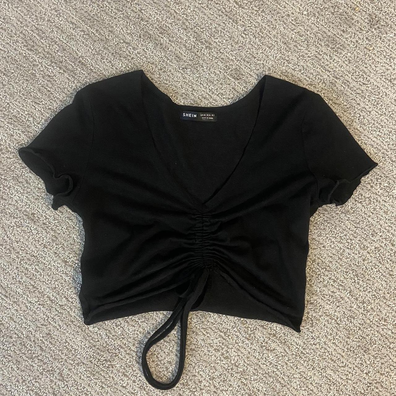 black short sleeve crop top with adjustable string... - Depop