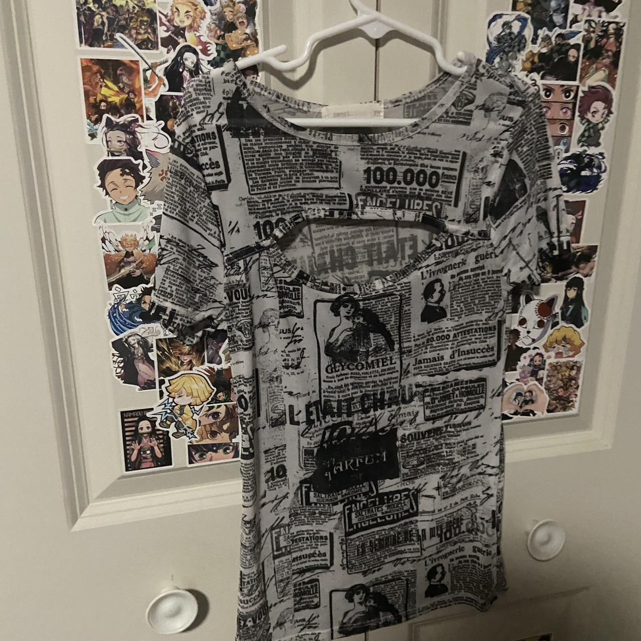 black and white sheer newspaper print top 🩷 grunge... | Depop