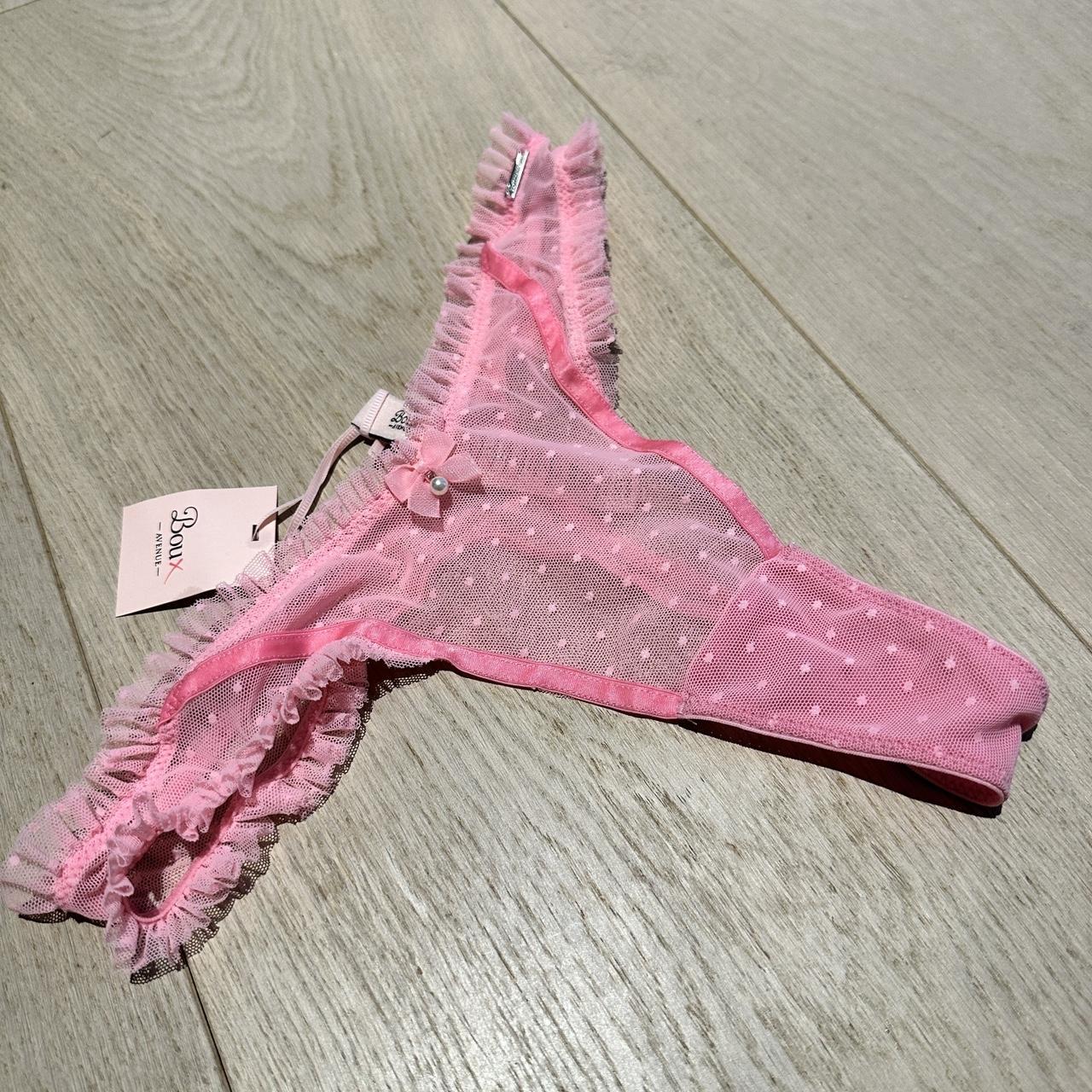 Pink polka dot mesh thong with bow and ruffle... - Depop