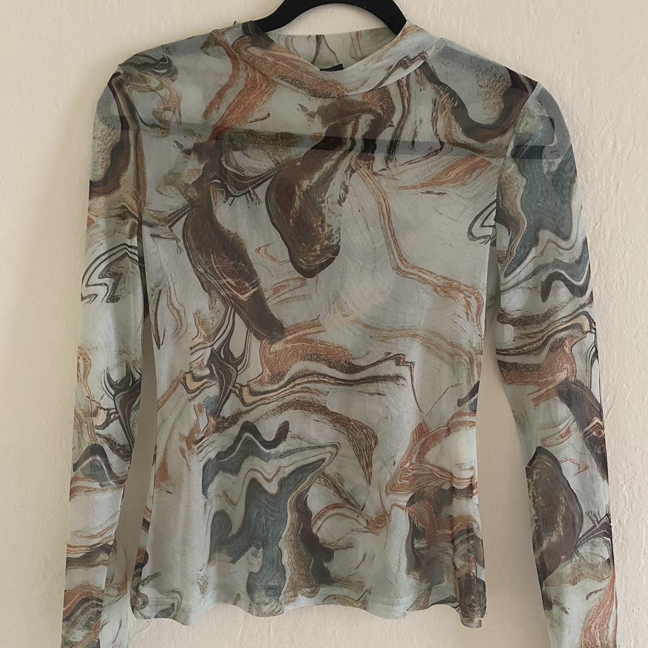 SHEIN Earth toned marble print mock neck mesh top,... - Depop