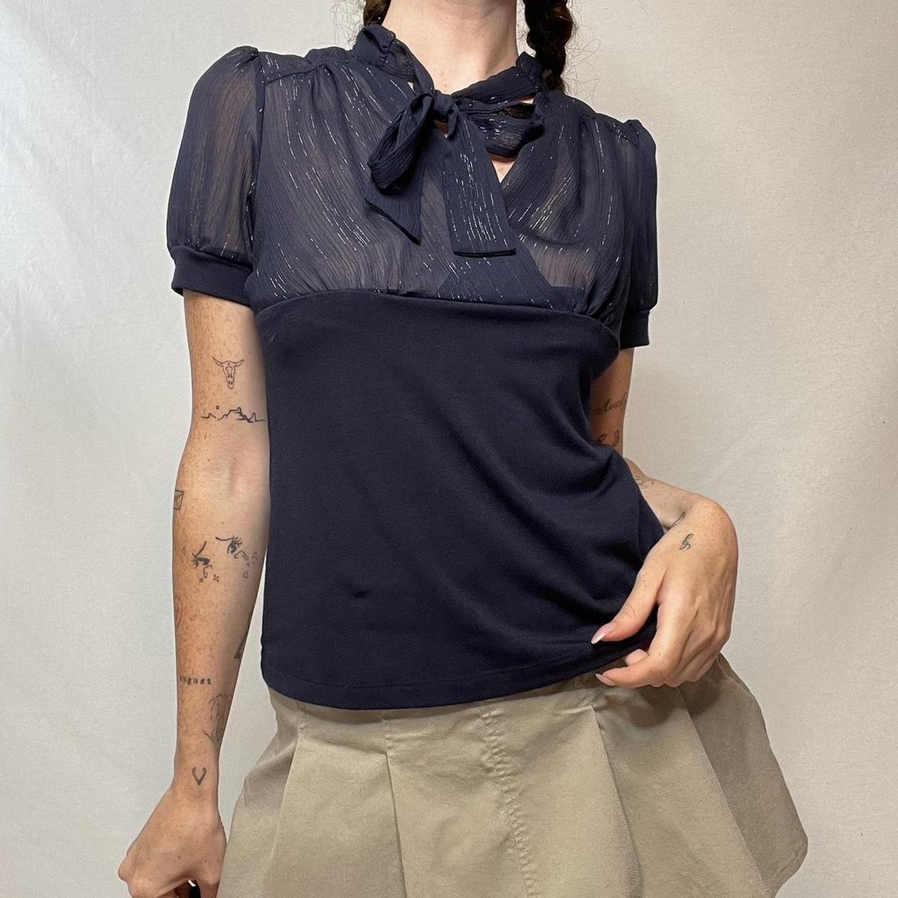 Navy Tie Top Blouse Short sleeve navy blouse with... | Depop