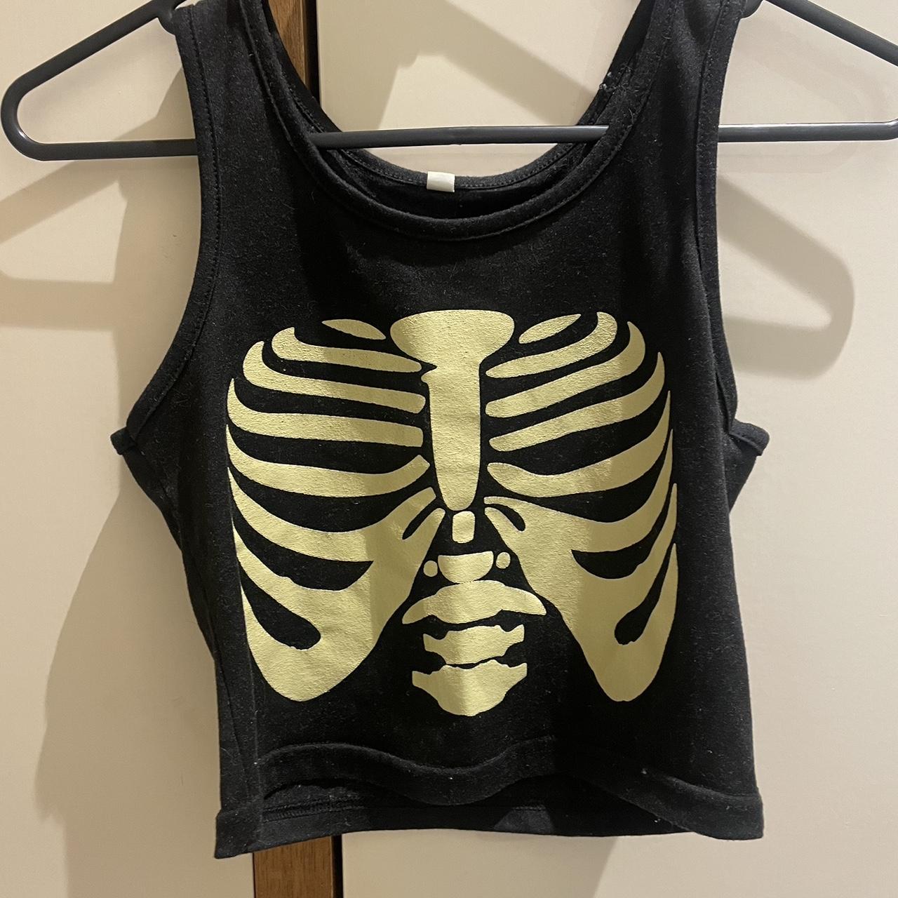 Black Graphic Skeleton Crop Top/Singlet Bust:... - Depop