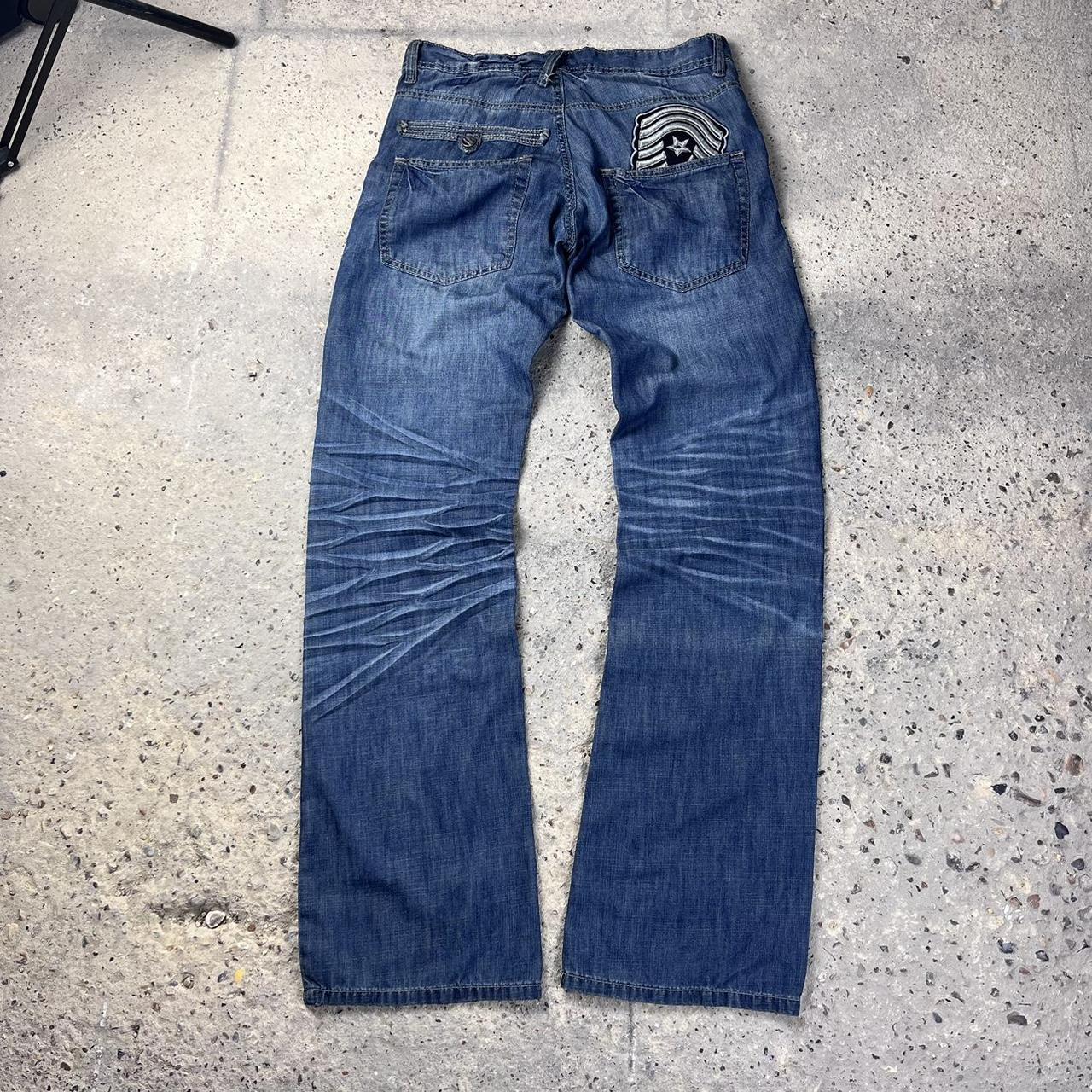 vintage retro washed moto blue and navy jeans with a... - Depop