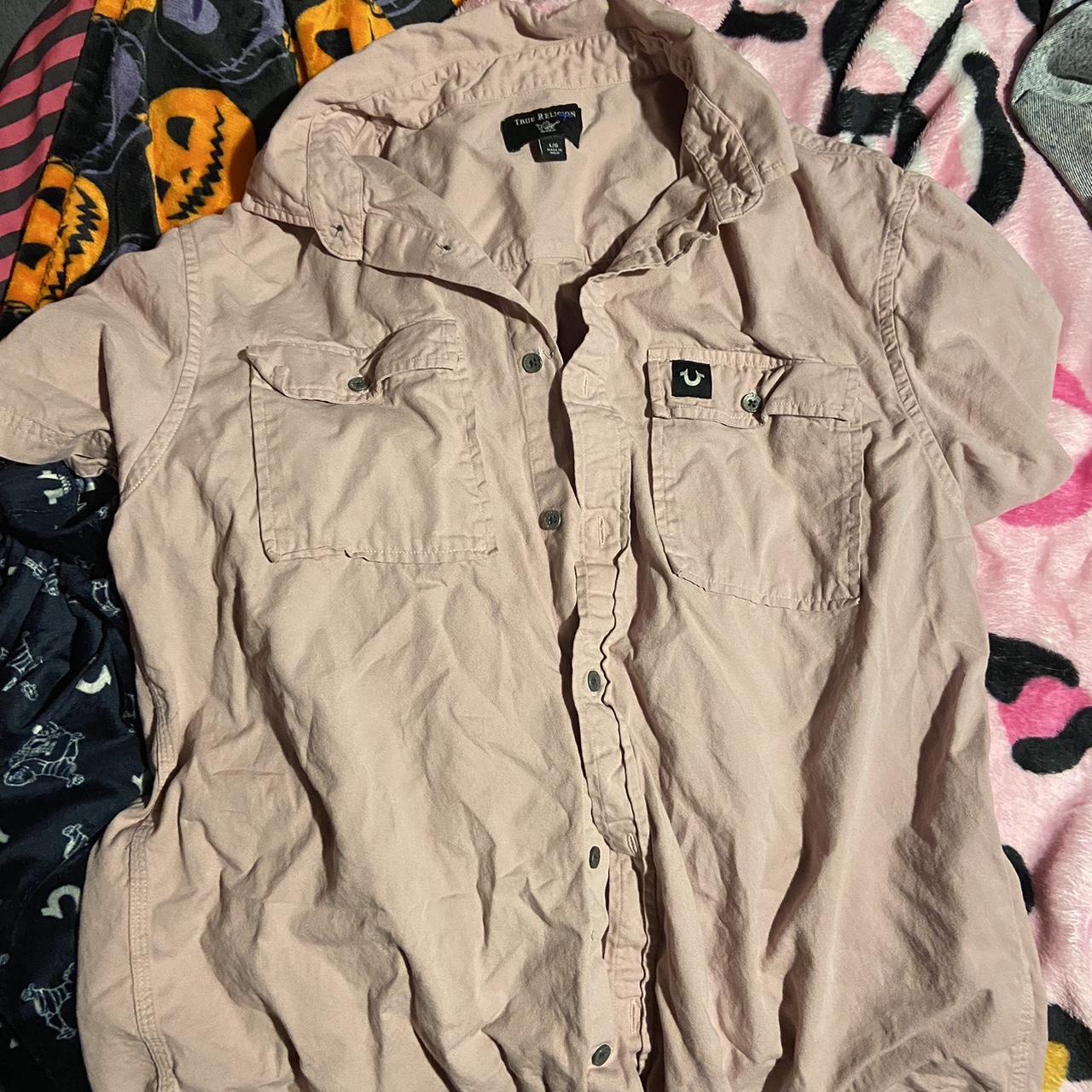 True religon light pink button up size L baggy hmu... - Depop
