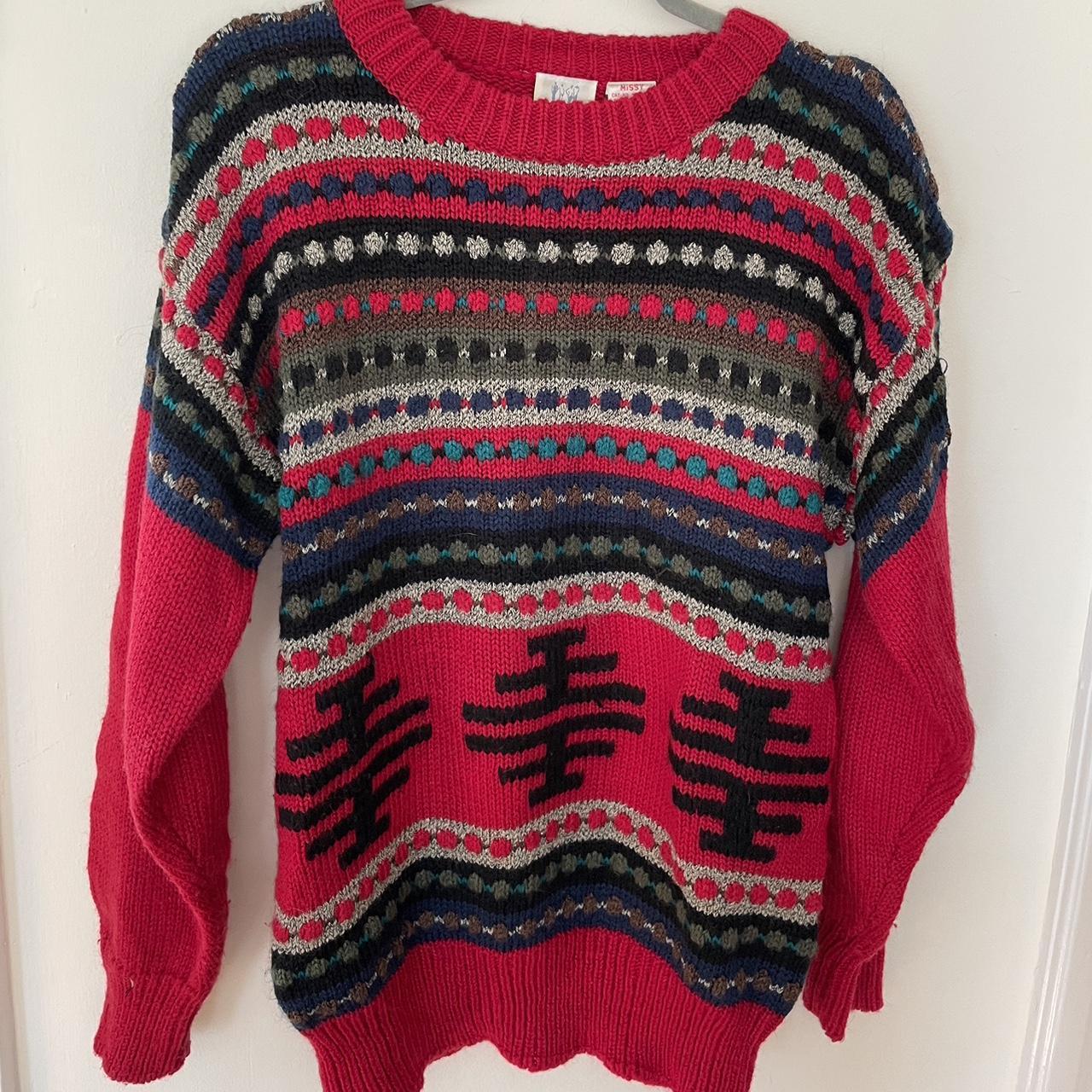 large vintage red sweater, design on front and... - Depop