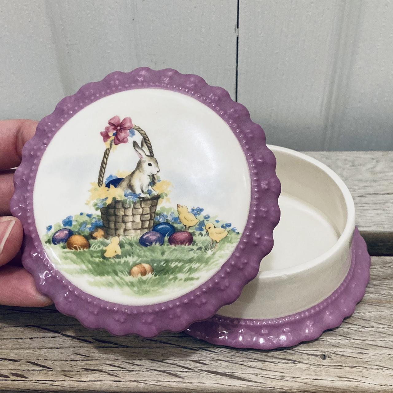Vintage Easter bunny trinket box dish white with... - Depop