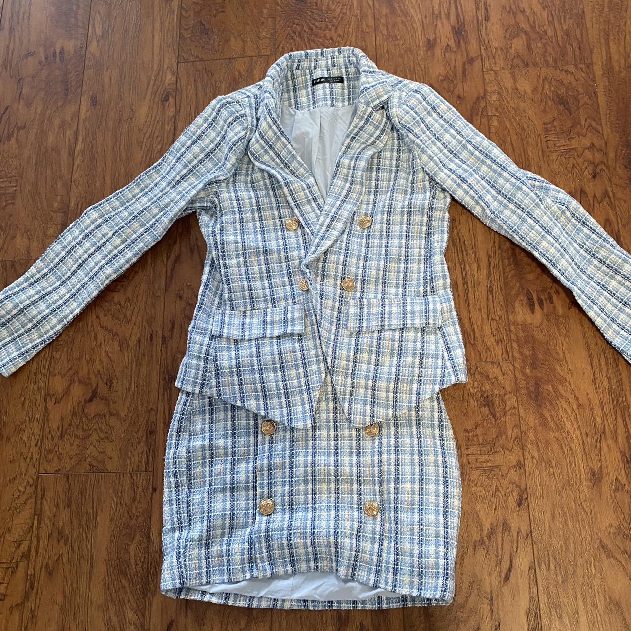 SHEIN suit jacket and skirt size XS in blue and white. - Depop