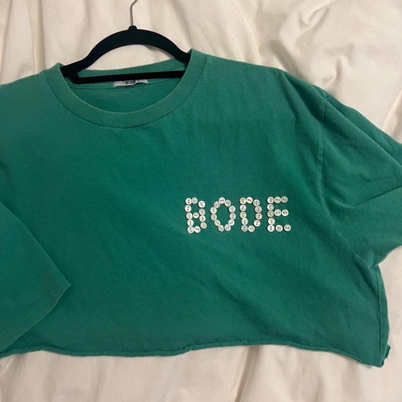Bode Pearly Button Logo Oversized Crop Green Tee -... - Depop