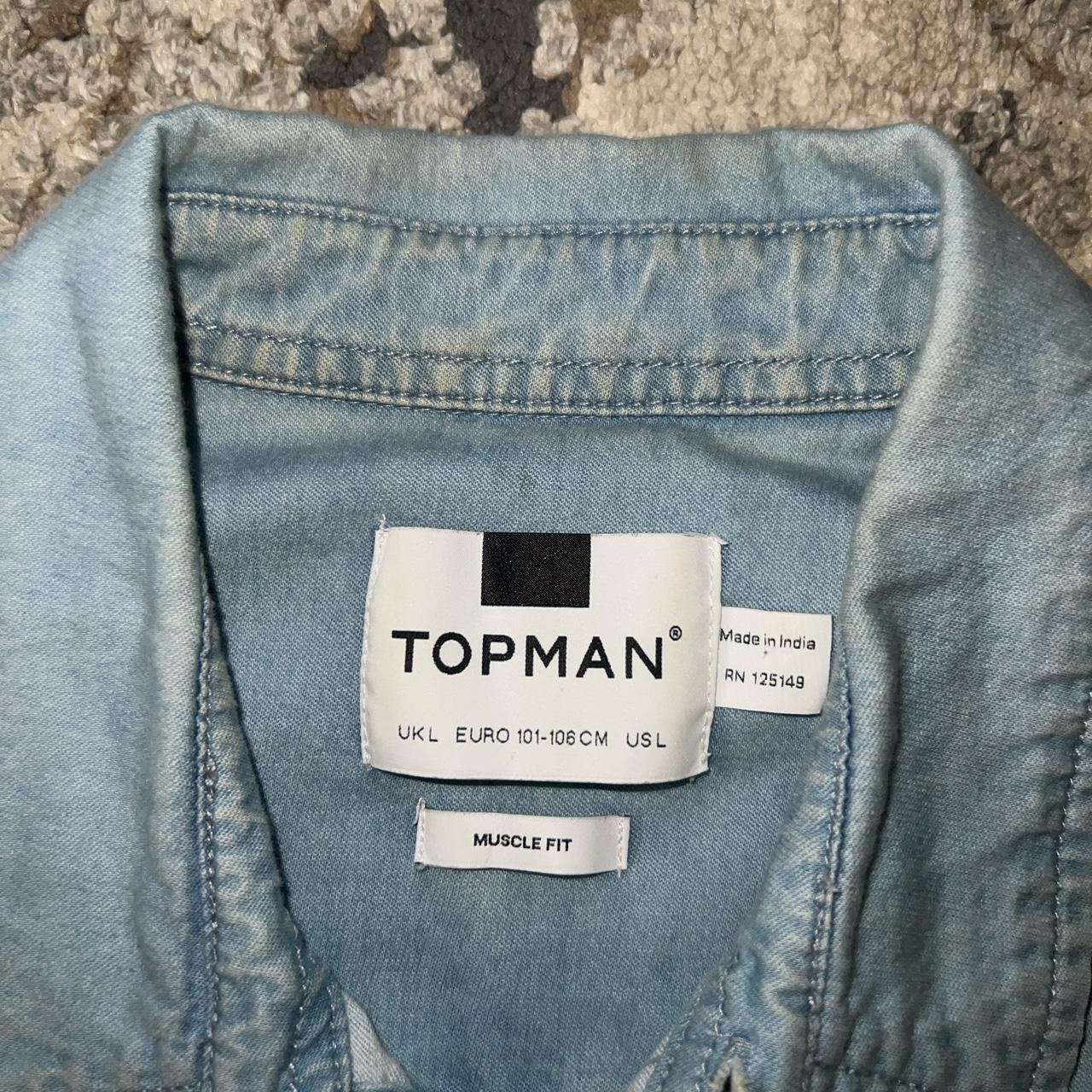 Men’s TopMan denim muscle fit shirt Slide fading on... - Depop