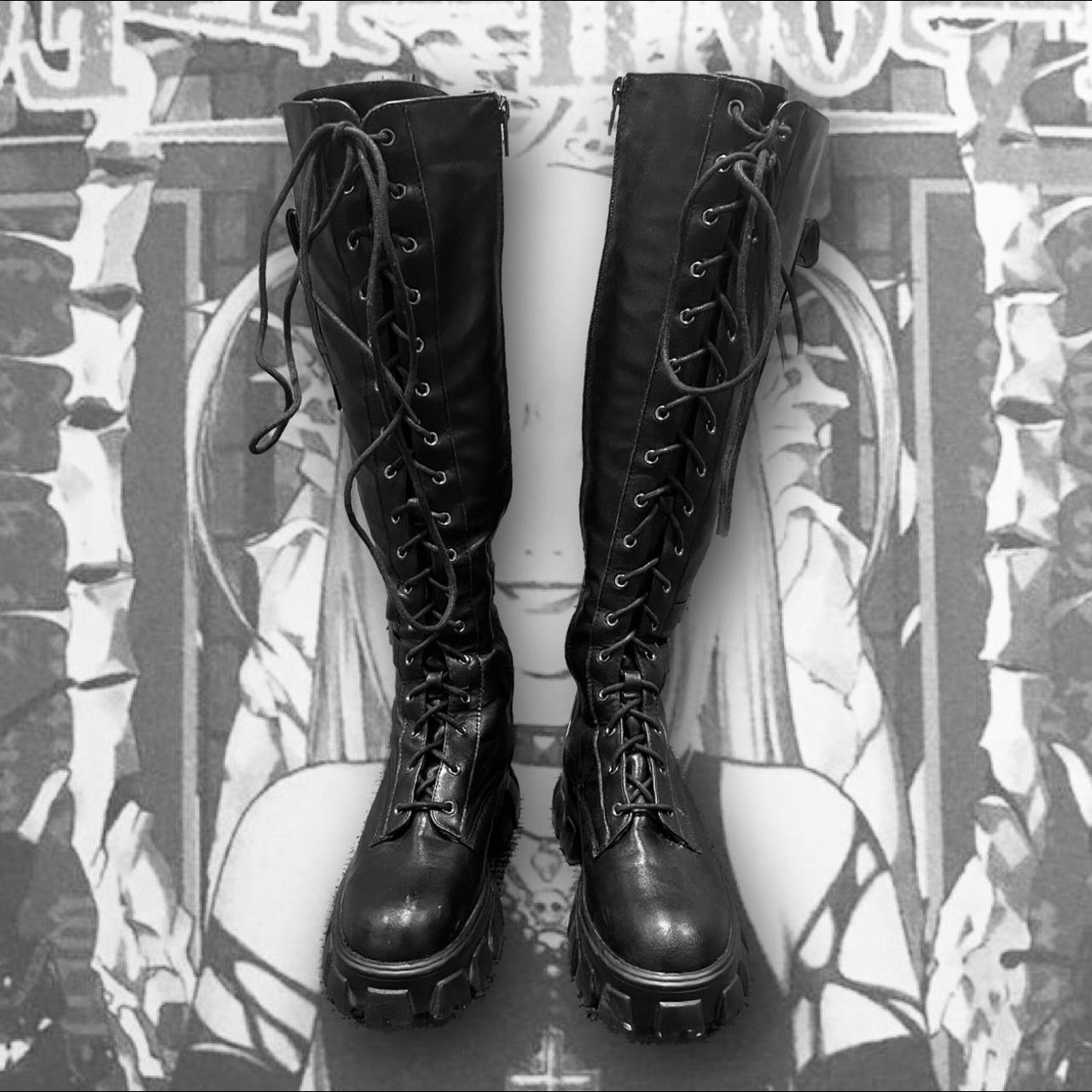 Black Knee High Lace Up Fake Leather Grunge Depop