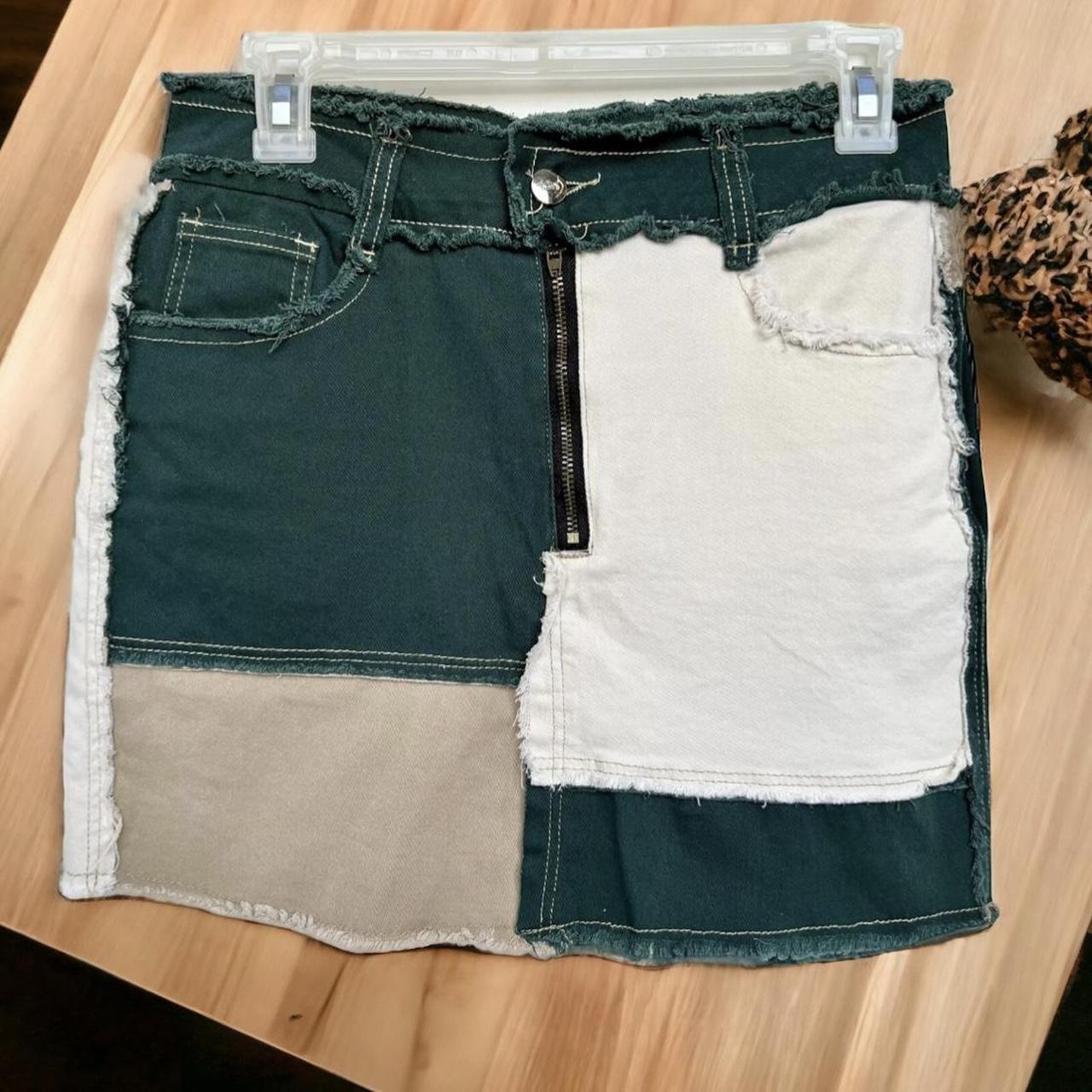 Women's Patchwork Mini Skirt Green Tan Ivory... - Depop