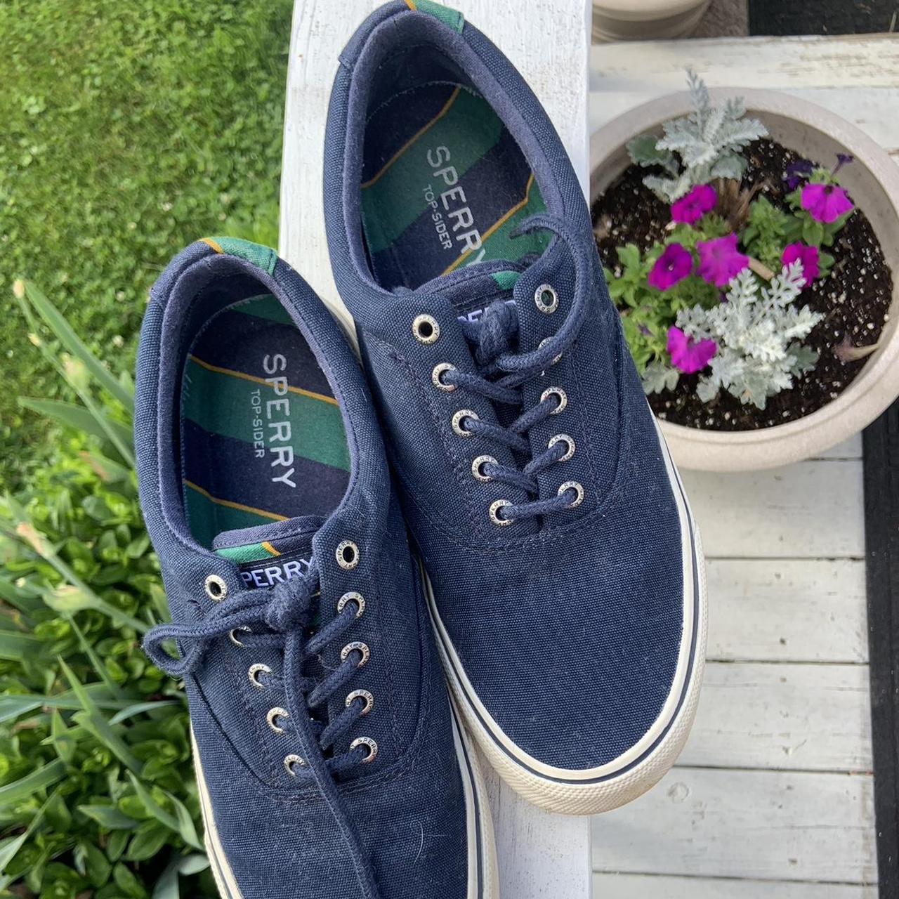 Barely worn sperry shoes. Fun navy and flannel... - Depop