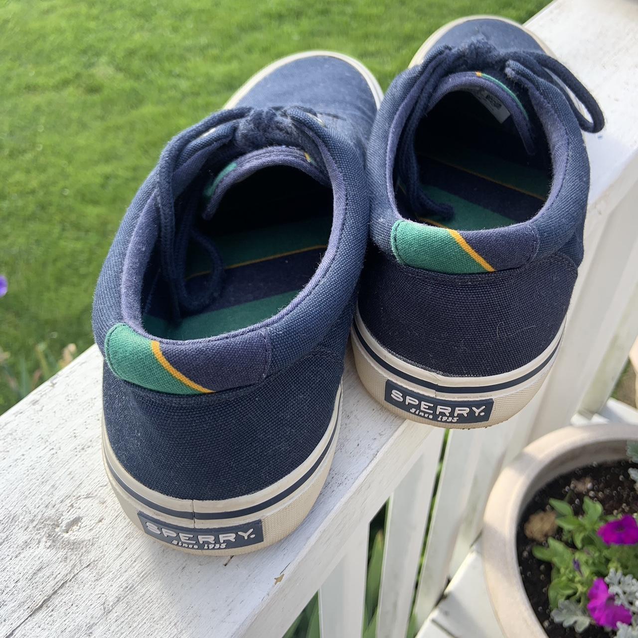 Barely worn sperry shoes. Fun navy and flannel... - Depop