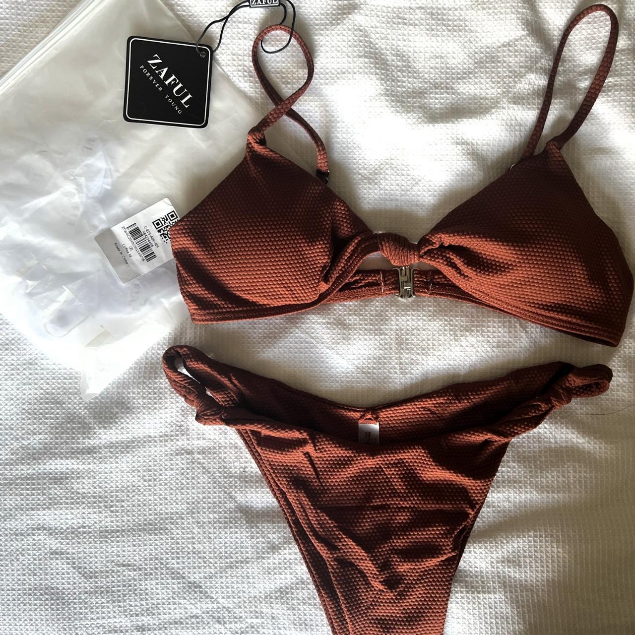 Brown textured Bikini with knot detail Removable... - Depop