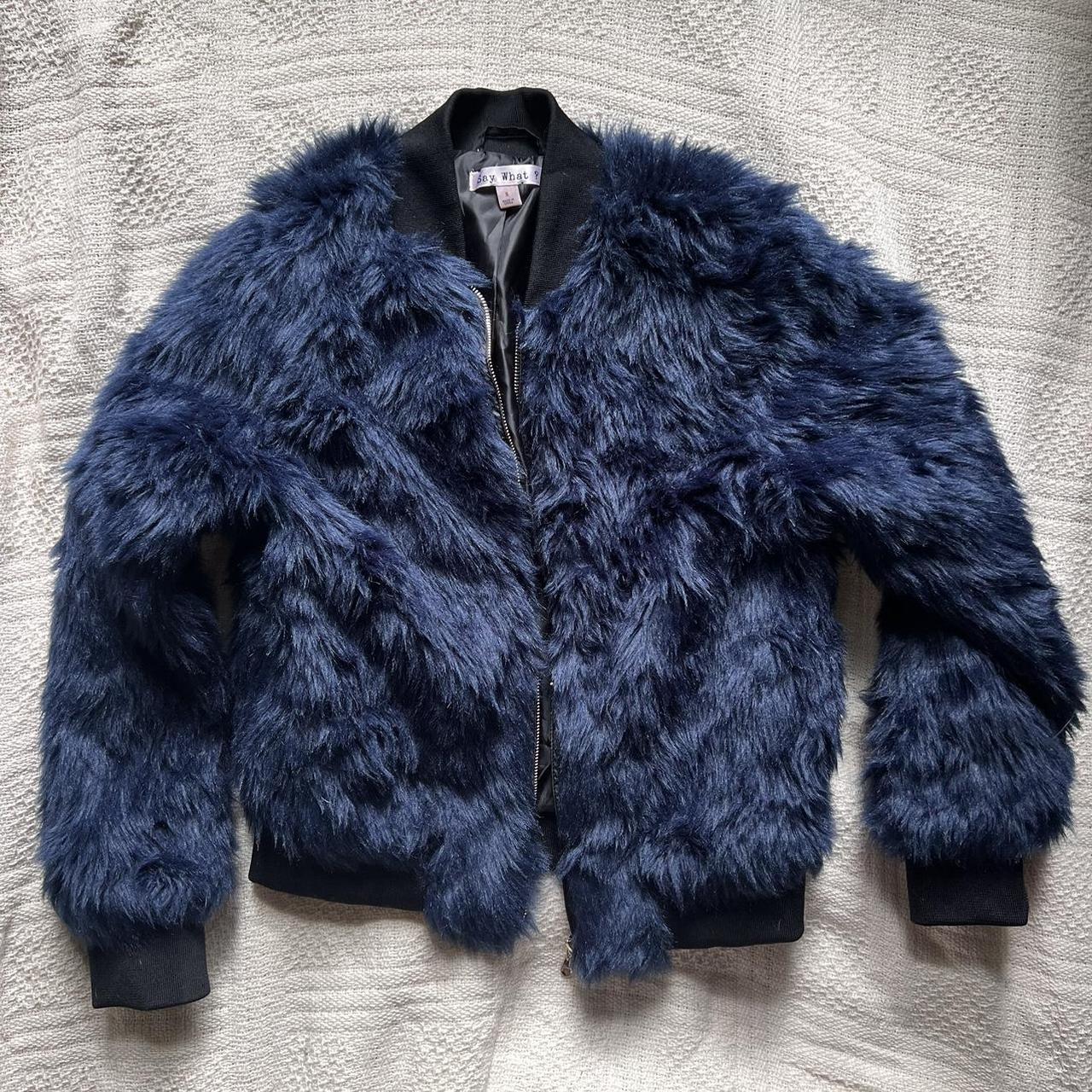 blue faux fur bomber jacket with no wear or... - Depop