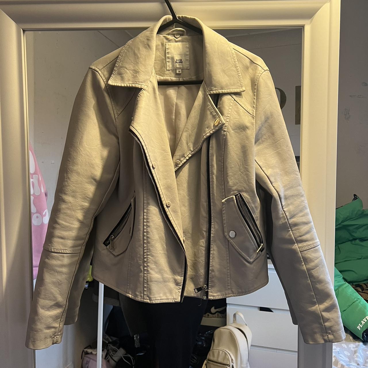 Cream leather jacket size 10 - Depop