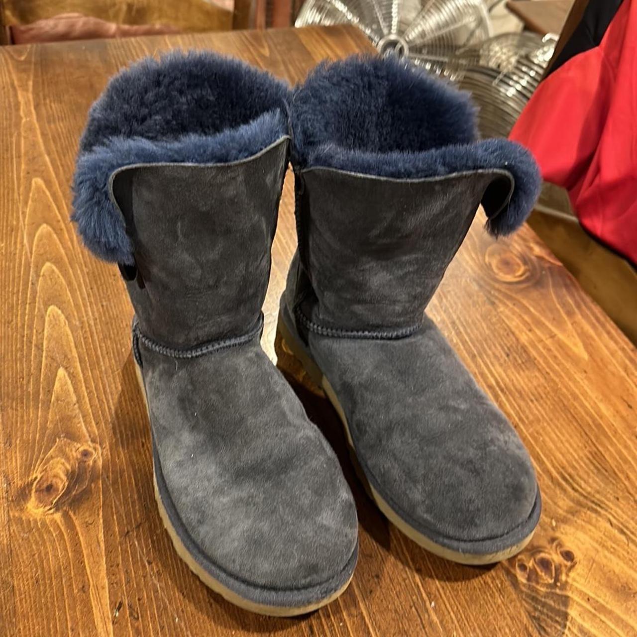 Gently worn Ugg blue boots with button. Size 9 - Depop