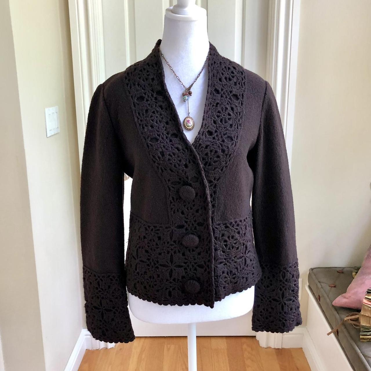 Talbots Wool Cardigan Sweater with Prominent Crochet... - Depop