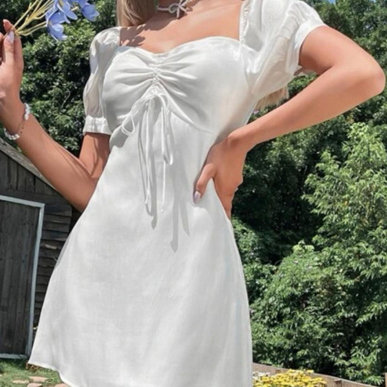 cute white double lined front drawstring silk... - Depop