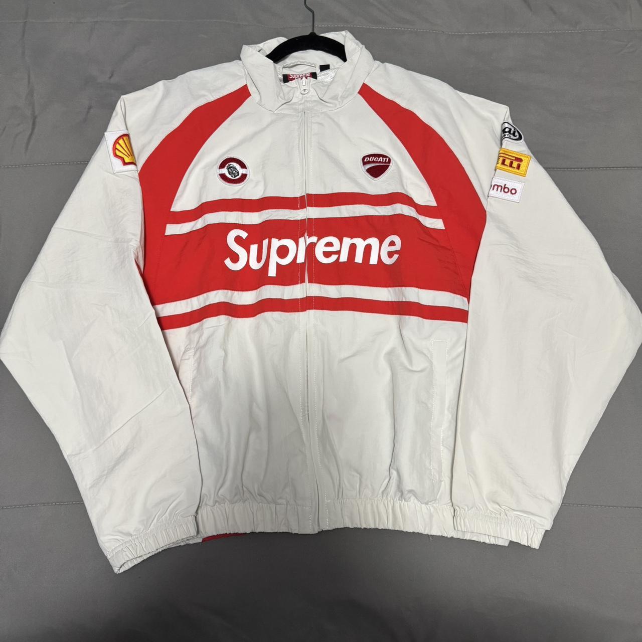 Supreme grey red track jacket men’s medium - Depop