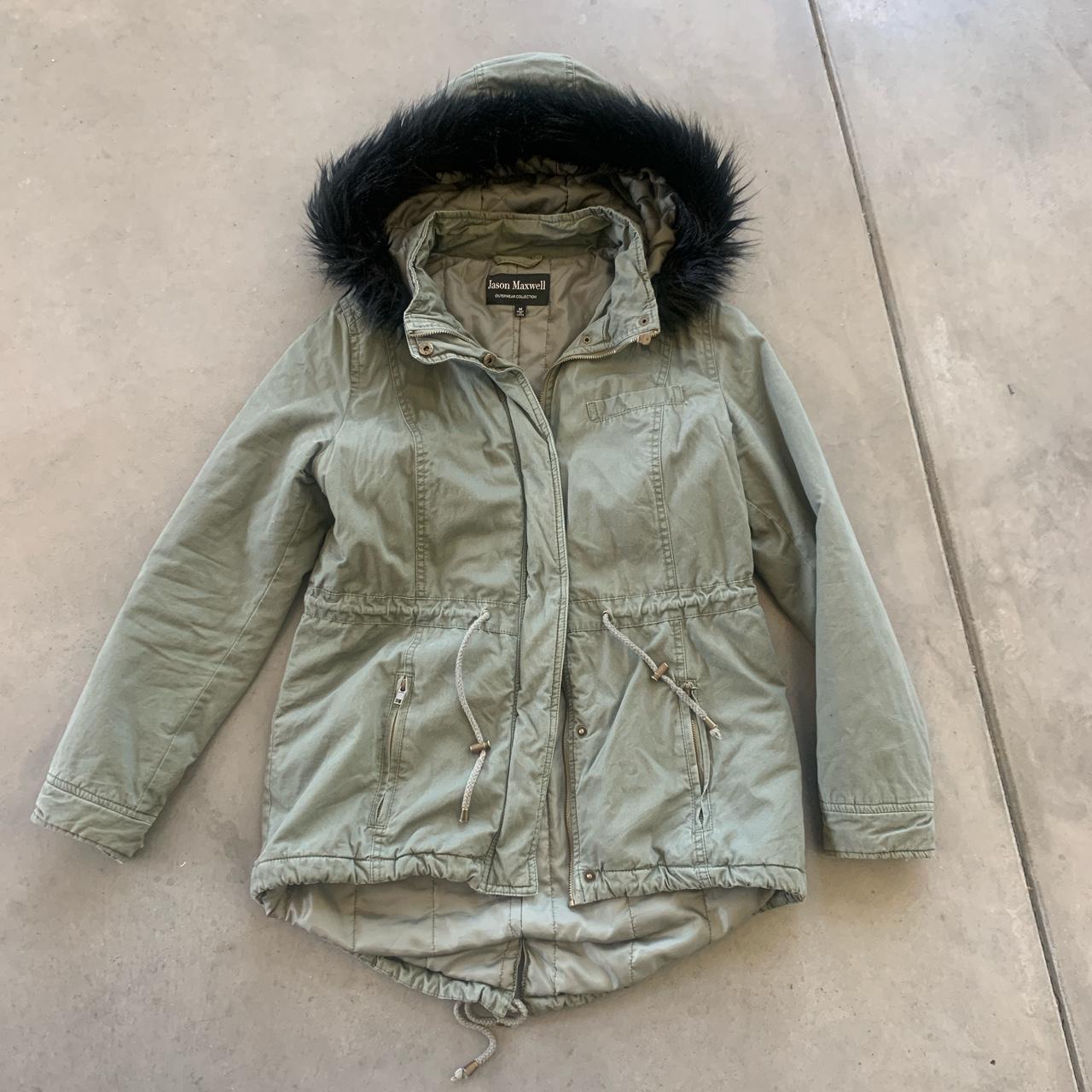 Ladies size M jacket Olive green with black faux... - Depop