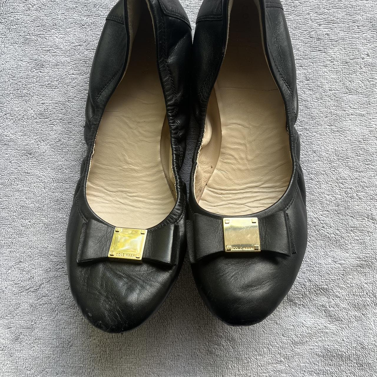 Sz 10 C Cole Haan Black Leather Ballet Flats w/ Gold... - Depop