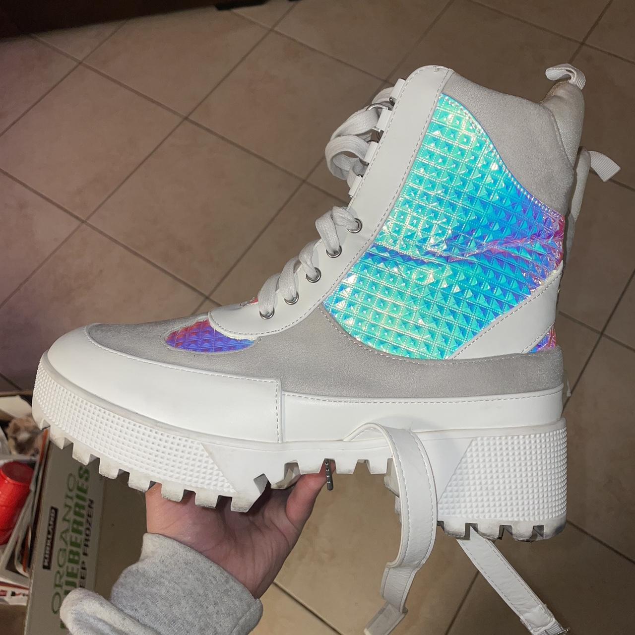 White Iridescent Platform Rave Boots. Size 9... - Depop