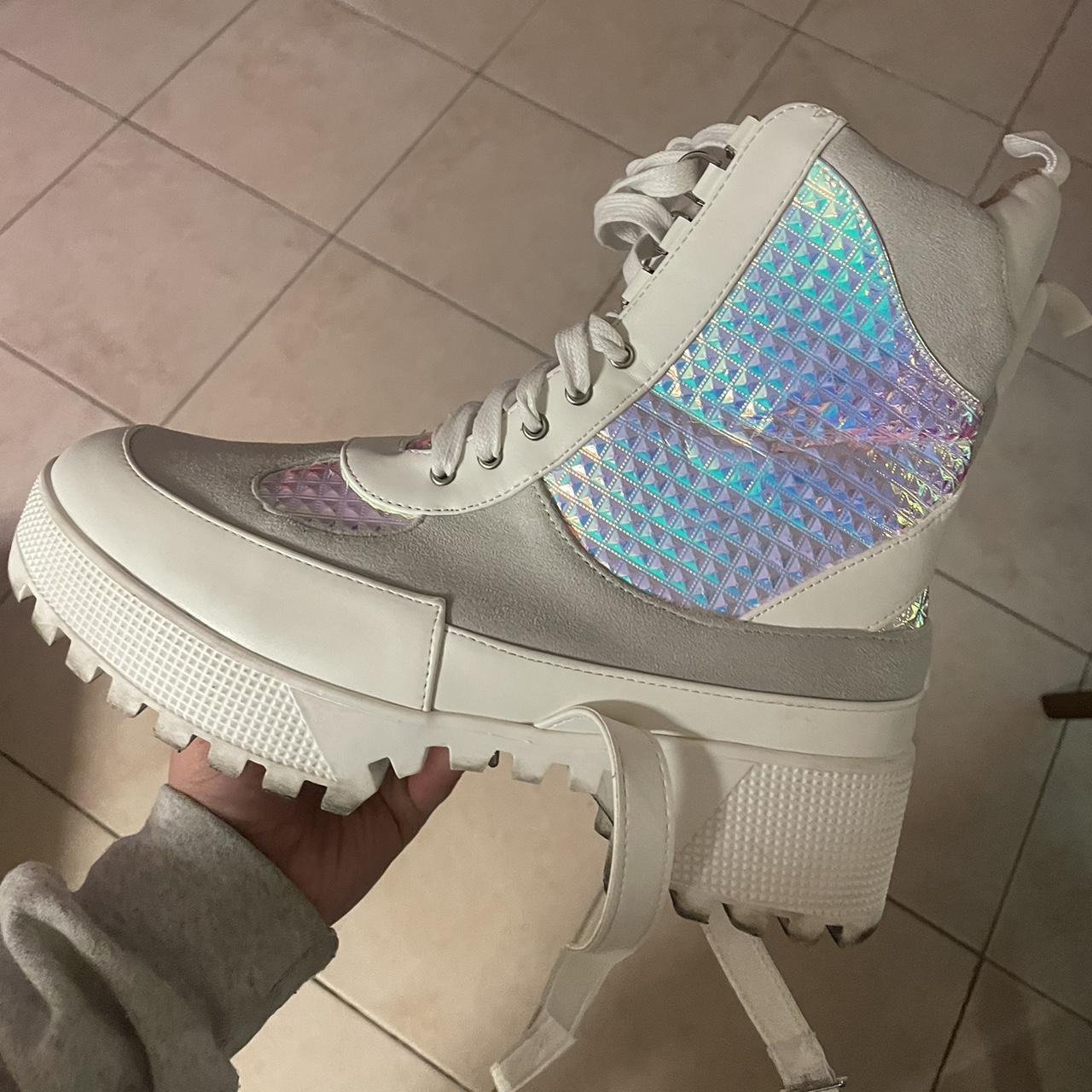 White Iridescent Platform Rave Boots. Size 9... - Depop
