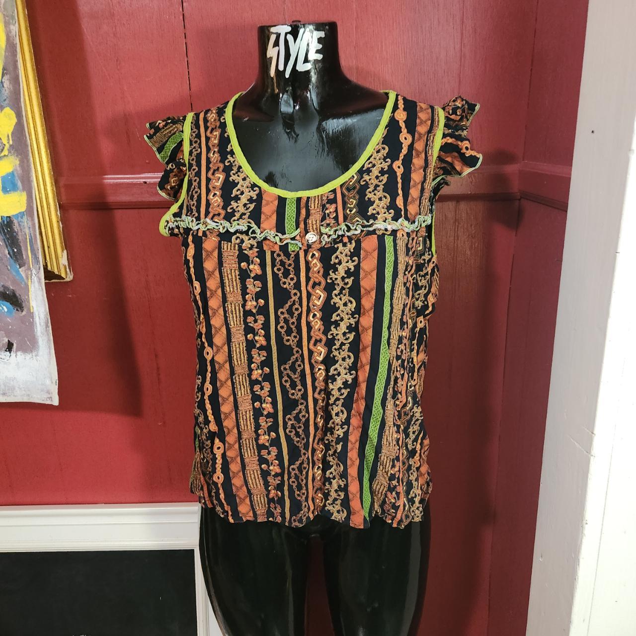 Multi colored sleeveless ruffled, deep crew neck. | Depop