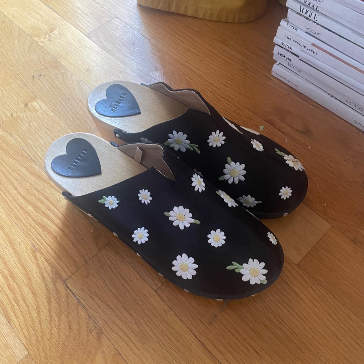 Sleeper Matilda Satin Daisy Clogs Black, embroidered... - Depop