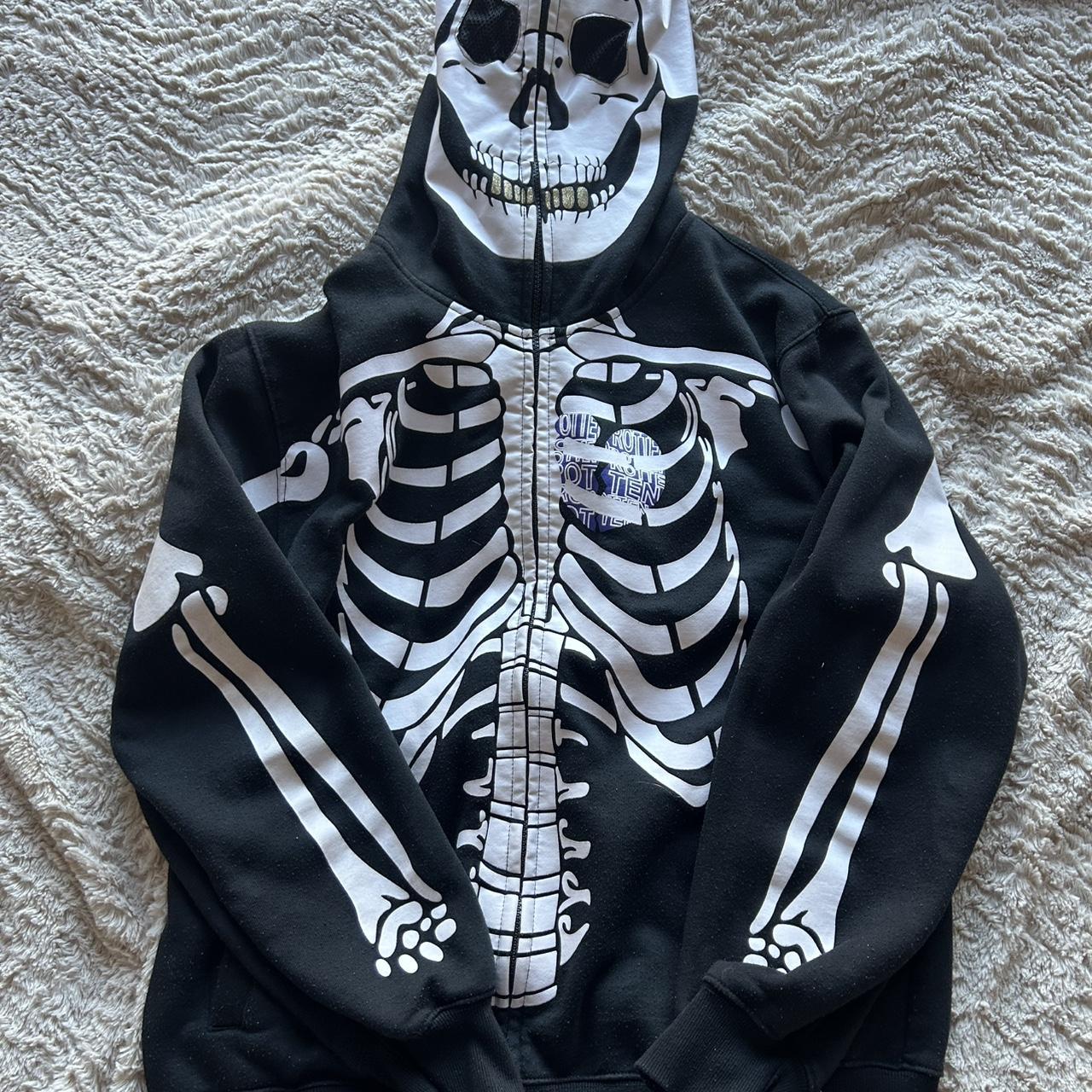 Insane skeleton zip-up hoodie with full-face zip... | Depop