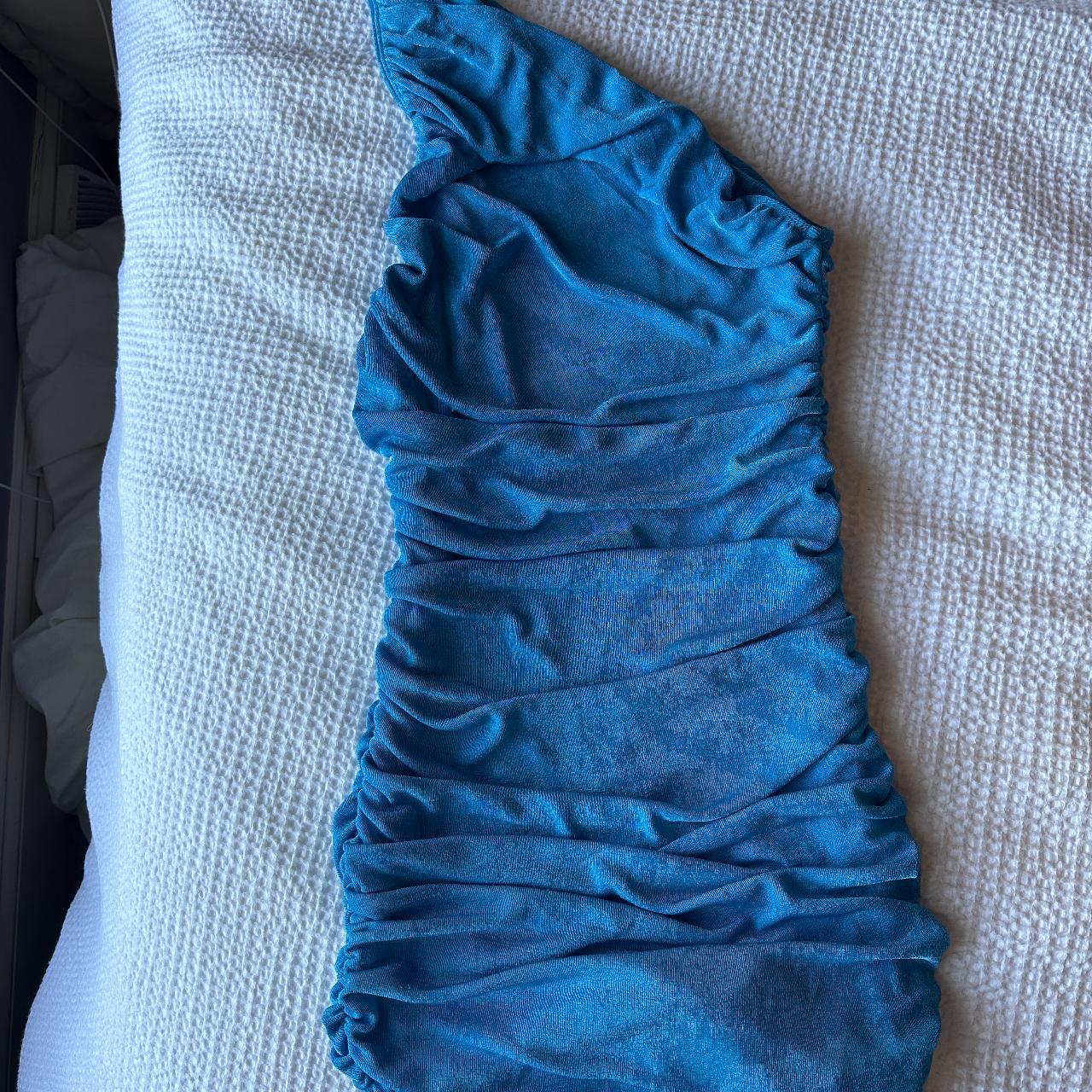 bright blue ruched mini dress slight pilling fits... - Depop