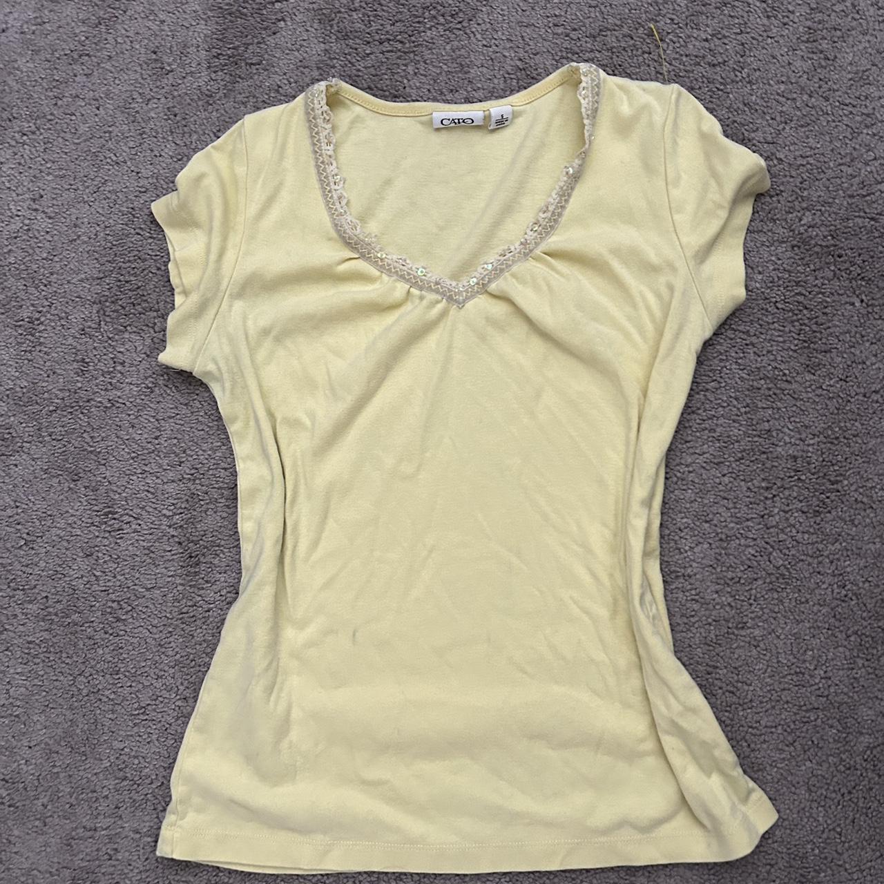 Yellow and cream top with sequins on the neckline - Depop