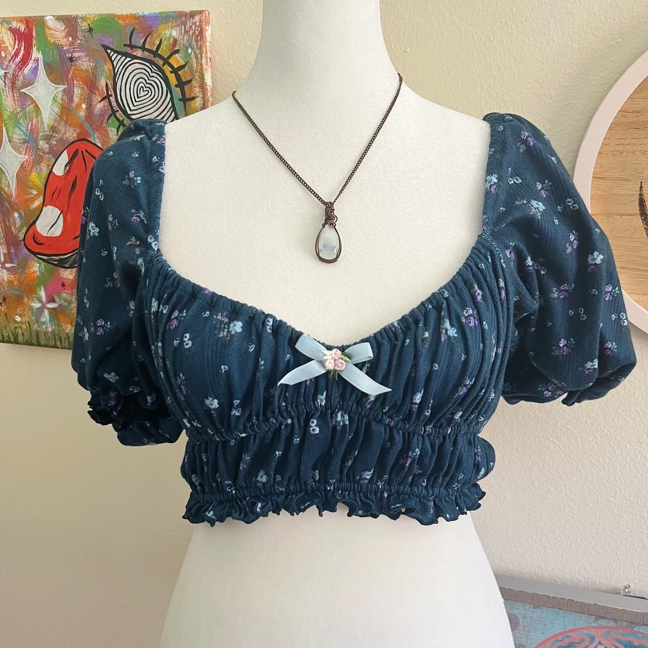 blue floral puff sleeve top by for love and lemons... - Depop