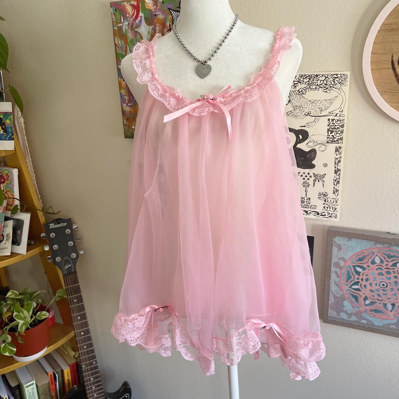 cute pink sheer lace rosette babydoll dress by... - Depop