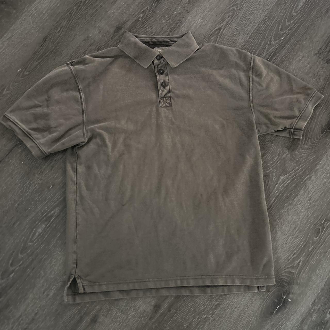 Brown/ grey button up polo w rough textured mayerial... - Depop