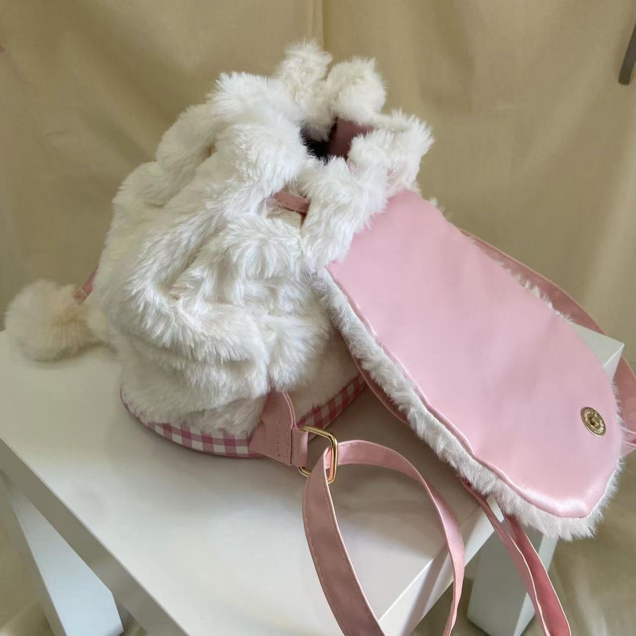 White pink plush backpack，so soft~ -around 9 inches... | Depop